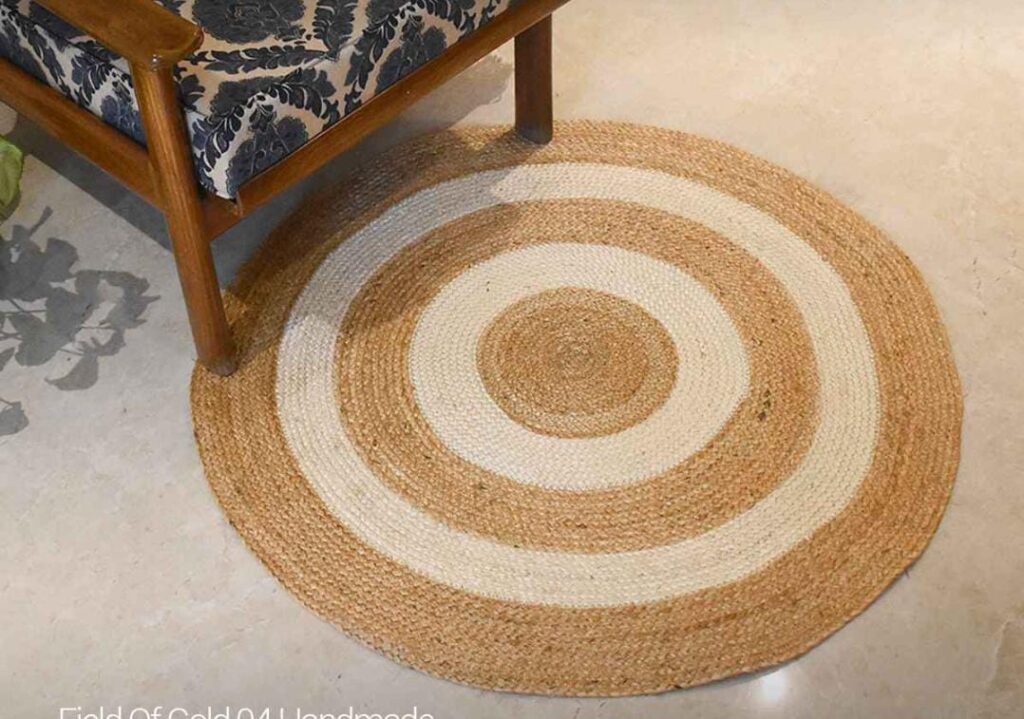 Round Jute Floor Mat / Rug (Natural Jute & White Colour) - ARAMBAZ