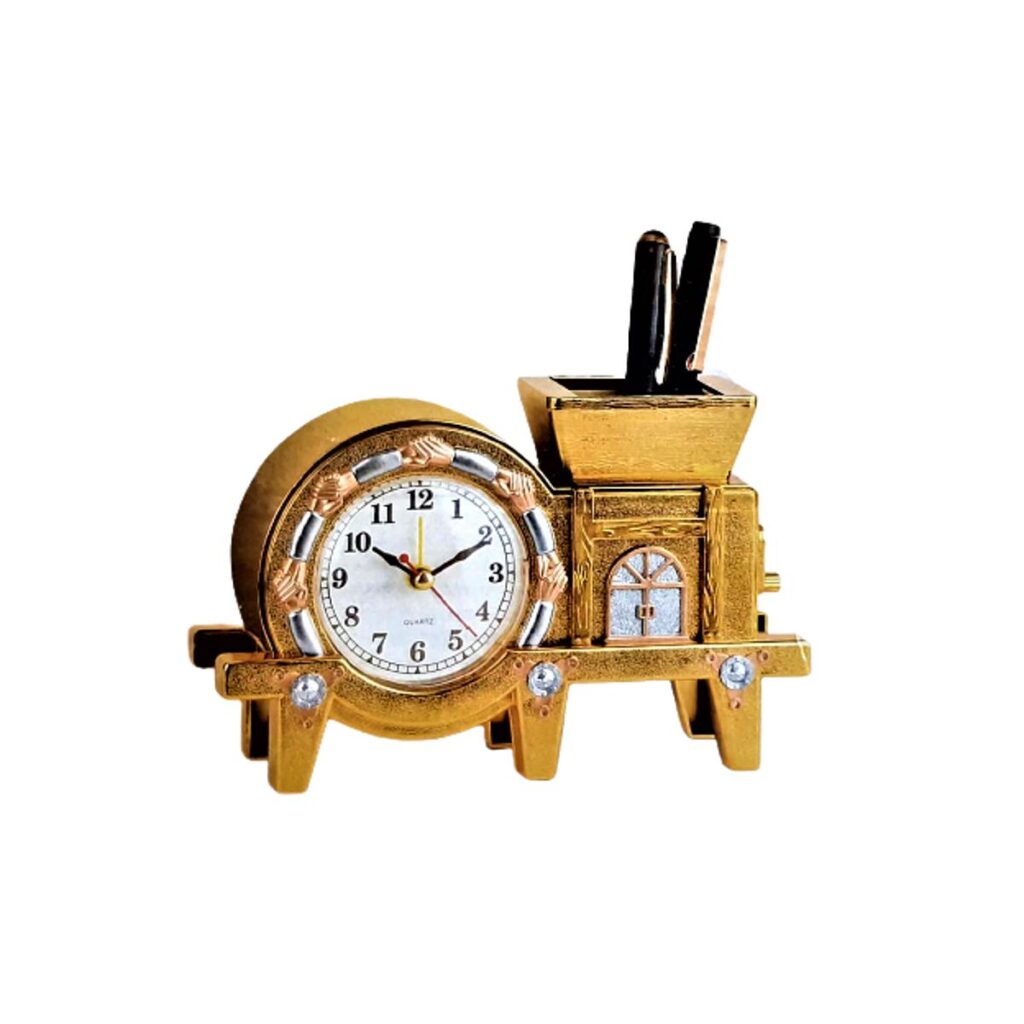 Brass Desk Clock & Pen Holder – Analog Dial Office Table Organizer ...